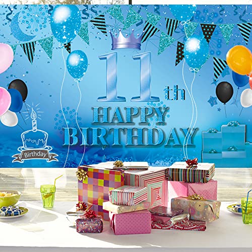 Happy 11th Birthday Backdrop Banner Blue 11th Sign Poster 11 Birthday Party Supplies for Anniversary Photo Booth Photography Background Birthday Party Decorations, 72.8 x 43.3 Inch