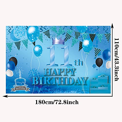 Happy 11th Birthday Backdrop Banner Blue 11th Sign Poster 11 Birthday Party Supplies for Anniversary Photo Booth Photography Background Birthday Party Decorations, 72.8 x 43.3 Inch