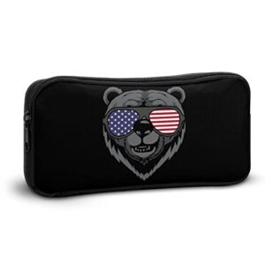 Bear US Flag Sunglasses Pencil Case Stationery Pen Pouch Portable Makeup Storage Bag Organizer Gift