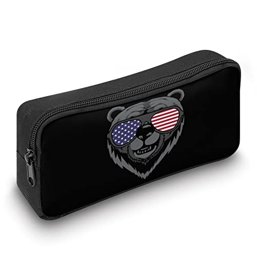 Bear US Flag Sunglasses Pencil Case Stationery Pen Pouch Portable Makeup Storage Bag Organizer Gift