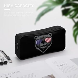 Bear US Flag Sunglasses Pencil Case Stationery Pen Pouch Portable Makeup Storage Bag Organizer Gift