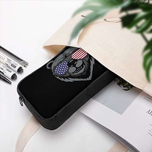 Bear US Flag Sunglasses Pencil Case Stationery Pen Pouch Portable Makeup Storage Bag Organizer Gift