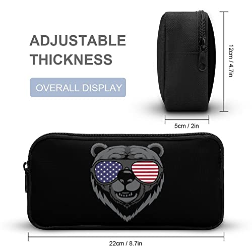 Bear US Flag Sunglasses Pencil Case Stationery Pen Pouch Portable Makeup Storage Bag Organizer Gift