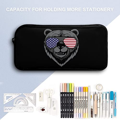 Bear US Flag Sunglasses Pencil Case Stationery Pen Pouch Portable Makeup Storage Bag Organizer Gift