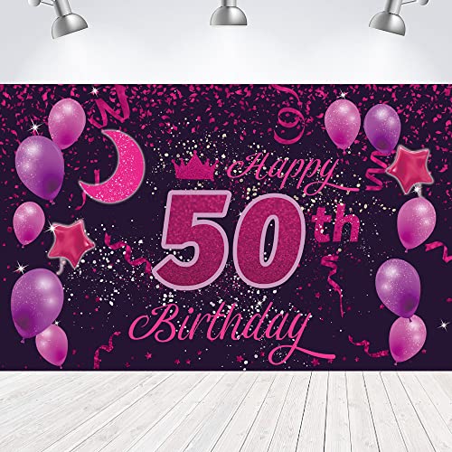 Sweet Happy 50th Birthday Backdrop Banner Poster 50 Birthday Party Decorations 50th Birthday Party Supplies 50th Photo Background for Girls,Boys,Women,Men - Pink Purple 72.8 x 43.3 Inch