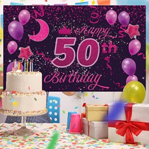 Sweet Happy 50th Birthday Backdrop Banner Poster 50 Birthday Party Decorations 50th Birthday Party Supplies 50th Photo Background for Girls,Boys,Women,Men - Pink Purple 72.8 x 43.3 Inch