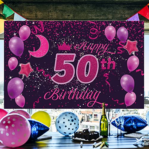 Sweet Happy 50th Birthday Backdrop Banner Poster 50 Birthday Party Decorations 50th Birthday Party Supplies 50th Photo Background for Girls,Boys,Women,Men - Pink Purple 72.8 x 43.3 Inch