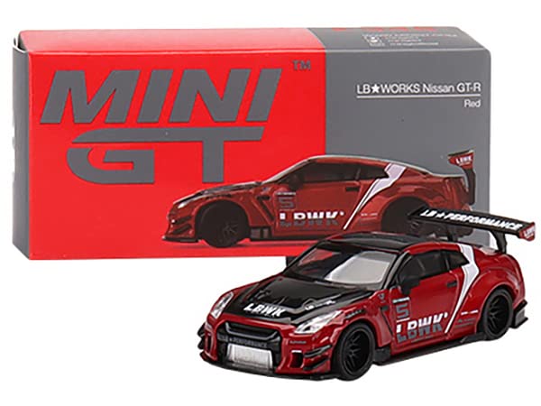 Truescale Miniatures GT-R R35 Type 2 LB Works Rear Wing ver 3 LB Work Livery 2.0 Red Met. & Black w/Stripes Ltd Ed to 3600 pcs 1/64 Diecast Model Car by TSM MGT00345