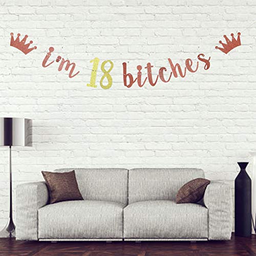 I'm 18 Bitches Banner, 18th Birthday Party Decor, Funny Eighteen Years Old Birthday Banner, Girl's 18th Birthday Party Decorations (Rose Gold)