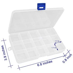 6-Pack Clear Plastic Jewelry Organizer Box with Adjustable Dividers for Bead, Nail Art, Crafts, Diamond Painting, Fishing Tackle Storage Box, (15 Grids, 6.8" x 0.8" x 3.9")