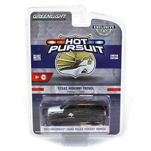 2021 Chevy Tahoe Police Pursuit Vehicle Black with White Hood Texas Highway Patrol Hot Pursuit Series 1/64 Diecast Model Car by Greenlight 30235