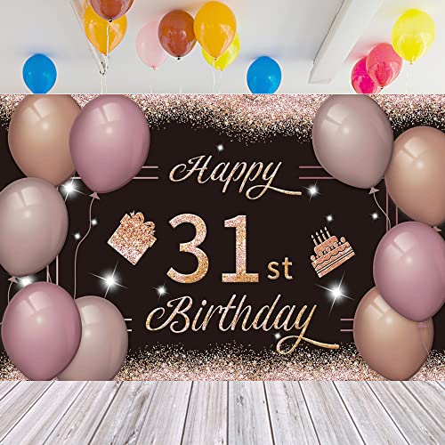 Happy 31st Birthday Backdrop Banner Black Pink 31th Sign Poster 31 Birthday Party Supplies for Anniversary Photo Booth Photography Background Birthday Party Decorations, 72.8 x 43.3 Inch