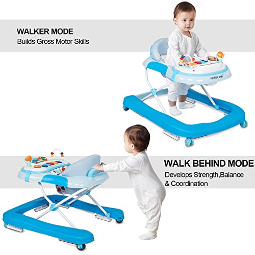 KINBOR BABY Walkers Foldable Activity Walker - 2-in-1 Baby Sit-to–Stand or Push-Behind Step Seated with Fun Toys and Activity Tray for Boys