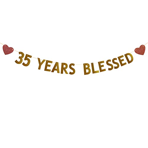 Betteryanzi Gold 35 Years Blessed Banner,Pre-strung,35th Birthday / Wedding Anniversary Party Decorations Supplies,Gold Glitter Paper Garlands Backdrops,Letters Gold 35 YEARS BLESSED