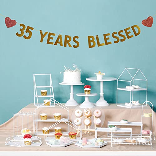 Betteryanzi Gold 35 Years Blessed Banner,Pre-strung,35th Birthday / Wedding Anniversary Party Decorations Supplies,Gold Glitter Paper Garlands Backdrops,Letters Gold 35 YEARS BLESSED