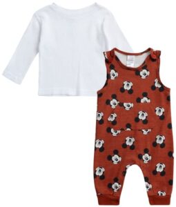 disney baby boys’ mickey mouse overall set – 2 piece romper and long sleeve shirt set, size 3-6 months, mickey tea/bright white