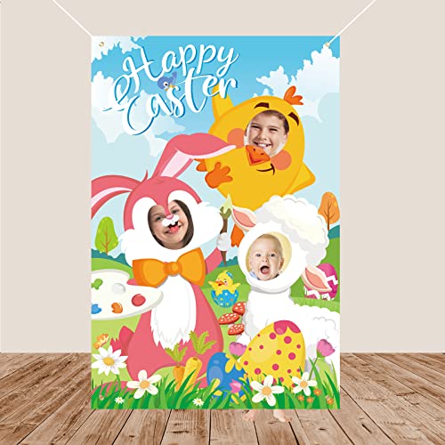 HOWAF Easter Banner Decorations Easter Bunny Photo Door Banner Large Fabric Happy Easter Backdrop Photo Prop Funny Eggs Bunny Face in Hole Game for Easter Party Supplies, 59×39 inche