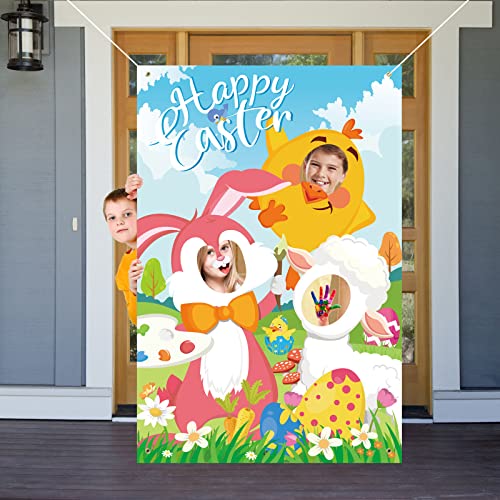 HOWAF Easter Banner Decorations Easter Bunny Photo Door Banner Large Fabric Happy Easter Backdrop Photo Prop Funny Eggs Bunny Face in Hole Game for Easter Party Supplies, 59×39 inche