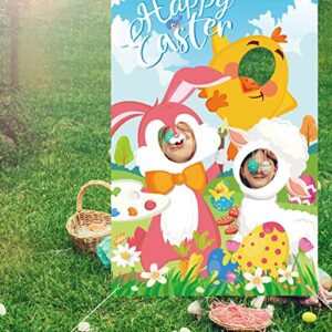 HOWAF Easter Banner Decorations Easter Bunny Photo Door Banner Large Fabric Happy Easter Backdrop Photo Prop Funny Eggs Bunny Face in Hole Game for Easter Party Supplies, 59×39 inche