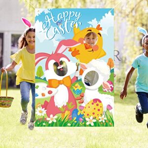 HOWAF Easter Banner Decorations Easter Bunny Photo Door Banner Large Fabric Happy Easter Backdrop Photo Prop Funny Eggs Bunny Face in Hole Game for Easter Party Supplies, 59×39 inche