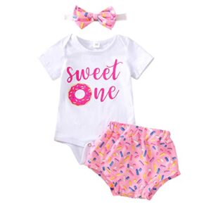 aislubxm baby girl birthday donut outfit short sleeve sweet one romper doughnut shorts/flared pants headband 3pcs set (shorts, 9-12 months)