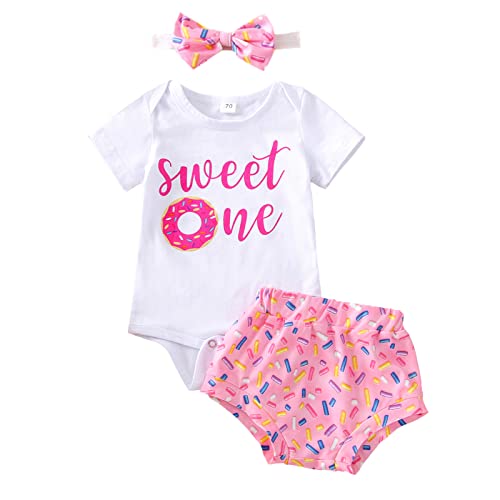 AISLUBXM Baby Girl Birthday Donut Outfit Short Sleeve Sweet One Romper Doughnut Shorts/Flared Pants Headband 3Pcs Set (Shorts, 9-12 Months)