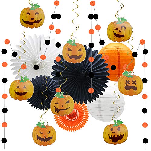 KAXIXI Halloween Party Decorations Supplies for Adult Kids Birthday Wedding Indoor Outdoor with Pumpkin Foil Swirls Hanging Paper Fand Paper Lanterns Circle Dot Garlands, 16Pcs