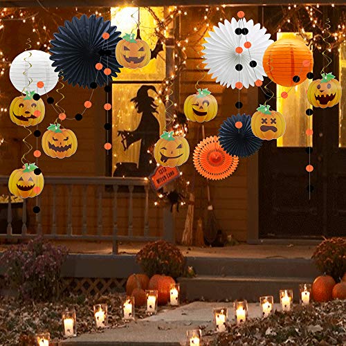 KAXIXI Halloween Party Decorations Supplies for Adult Kids Birthday Wedding Indoor Outdoor with Pumpkin Foil Swirls Hanging Paper Fand Paper Lanterns Circle Dot Garlands, 16Pcs