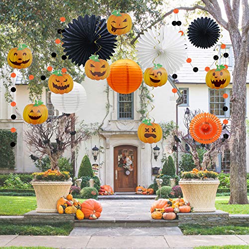 KAXIXI Halloween Party Decorations Supplies for Adult Kids Birthday Wedding Indoor Outdoor with Pumpkin Foil Swirls Hanging Paper Fand Paper Lanterns Circle Dot Garlands, 16Pcs