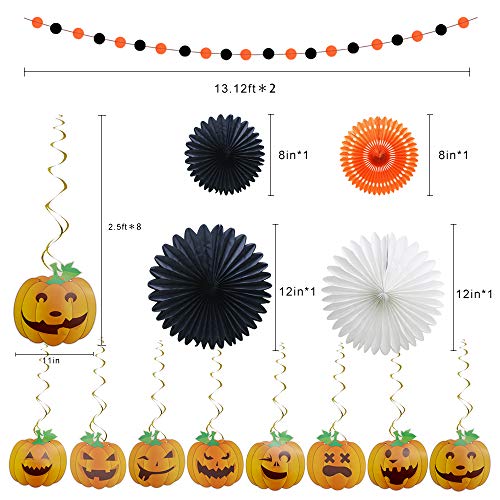 KAXIXI Halloween Party Decorations Supplies for Adult Kids Birthday Wedding Indoor Outdoor with Pumpkin Foil Swirls Hanging Paper Fand Paper Lanterns Circle Dot Garlands, 16Pcs