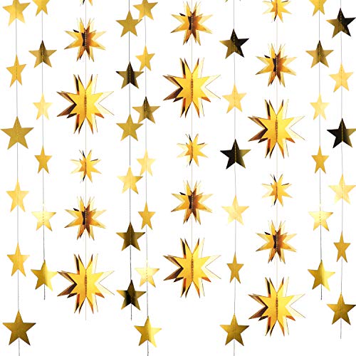 Bememo Christmas Star Garland 3D Hanging Paper Mixed Sizes Sparkly Star Banner for Christmas Tree Kid Room Wedding Birthday Party Decorations, 6 Pieces 65.6 Feet (Gold)