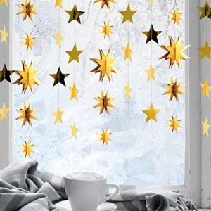 Bememo Christmas Star Garland 3D Hanging Paper Mixed Sizes Sparkly Star Banner for Christmas Tree Kid Room Wedding Birthday Party Decorations, 6 Pieces 65.6 Feet (Gold)