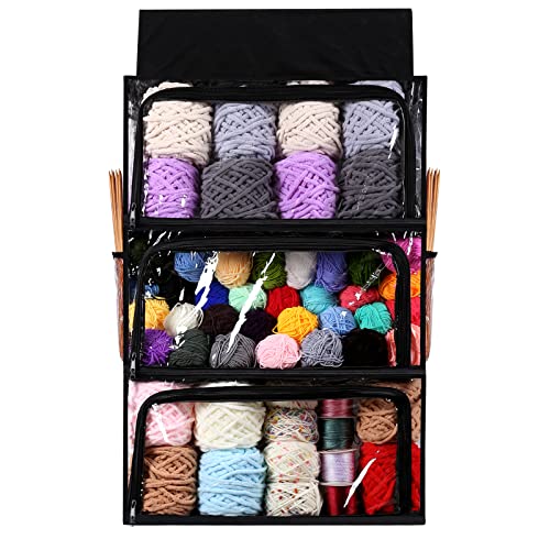 Yarn Storage Organizer Container with Crochet Bag, 5 Layer Separable Large Clear Yarn Bag Organizer for Crochet Hooks, Hanging Yarn Storage Knitting Storage Organizer (3 compartments)