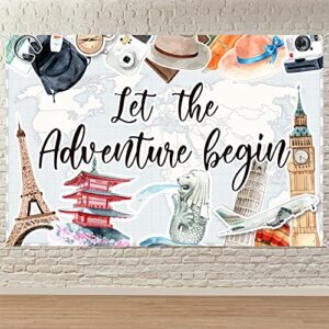 let the adventure begin backdrop banner decor grey – adventure awaits bon voyage travel theme party theme decorations for men women supplies, white