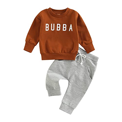 Infant Baby Boy Fall Winter Outfits Long Sleeve Letter Print/Cow Sweatshirt Top Solid Color Pants Set 2PCS Baby Clothes Set (Brown, 18-24 Months)