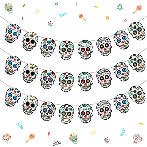 3 Pack of Day of The Dead Garlands, Dia De Los Muertos Banner Decorations, Sugar Skull Supplies for Mexican Death Day Fiesta Carnival Party