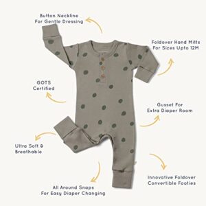 Makemake Organics GOTS Certified Organic Cotton Footies Baby Onesie Clothes Unisex Button Romper Long Sleeve Convertible Mittens (Olive Dots, 12-18M)