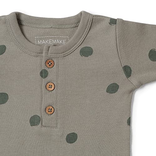 Makemake Organics GOTS Certified Organic Cotton Footies Baby Onesie Clothes Unisex Button Romper Long Sleeve Convertible Mittens (Olive Dots, 12-18M)