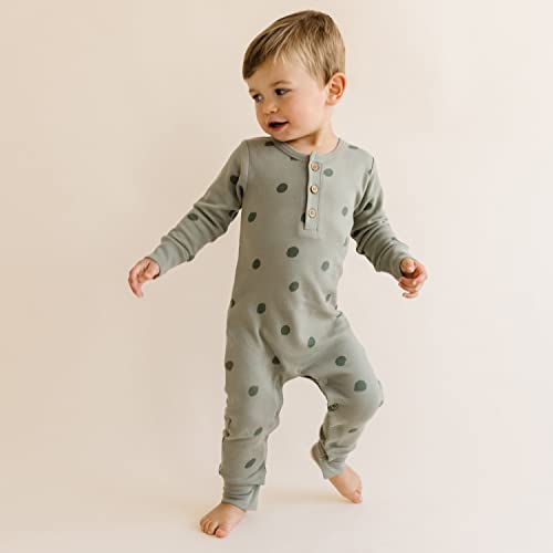 Makemake Organics GOTS Certified Organic Cotton Footies Baby Onesie Clothes Unisex Button Romper Long Sleeve Convertible Mittens (Olive Dots, 12-18M)