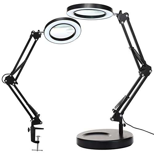 5X & 10X Magnifying Glass with Light and Stand, KIRKAS 2-in-1 Stepless Dimmable and 3 Color Modes LED Magnifying Desk Lamp with Clamp, 10X Glass Lens Magnifier for Close Work Repair Reading Crafts