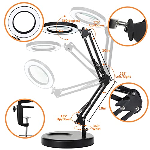 5X & 10X Magnifying Glass with Light and Stand, KIRKAS 2-in-1 Stepless Dimmable and 3 Color Modes LED Magnifying Desk Lamp with Clamp, 10X Glass Lens Magnifier for Close Work Repair Reading Crafts