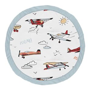 sweet jojo designs vintage airplane boy baby playmat tummy time infant play mat – grey yellow orange red white and blue airplanes air plane transportation clouds sun sky aviator aviation