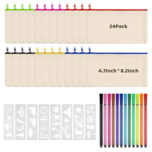 QUEEN KING 44 Pieces Blank Craft DIY Canvas Bags, 24pcs Canvas Zipper Pouch Bags and 8pcs White Template with 12pcs Watercolor Pens, Canvas Pencil Pouch Canvas Makeup Bags for Girls Teens (4.7*8.3in)