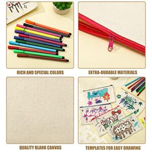 QUEEN KING 44 Pieces Blank Craft DIY Canvas Bags, 24pcs Canvas Zipper Pouch Bags and 8pcs White Template with 12pcs Watercolor Pens, Canvas Pencil Pouch Canvas Makeup Bags for Girls Teens (4.7*8.3in)