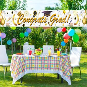 HOWAF Long Congrats Grad Fabric Banner for 2022 Graduation Party Decoration Gold and White, Graduation Banner Decoration Graduation Commencement Decoration of Table Wall Room Outdoor, with String