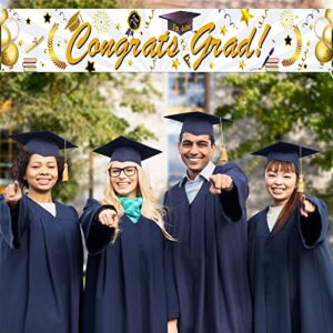 HOWAF Long Congrats Grad Fabric Banner for 2022 Graduation Party Decoration Gold and White, Graduation Banner Decoration Graduation Commencement Decoration of Table Wall Room Outdoor, with String