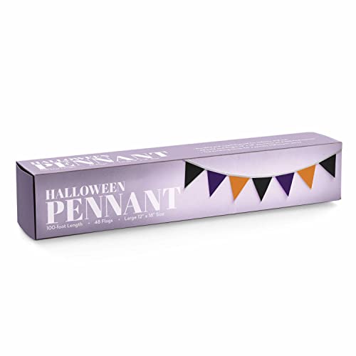 Halloween Pennant Banner - 48 Flags, 100 Feet, Orange, Black, & Purple - Festive Seasonal Decoration for Halloween, Birthday Parties, Classrooms, Crafts