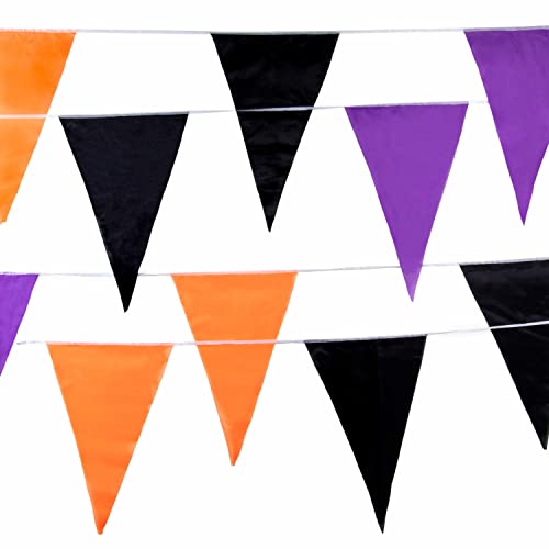 Halloween Pennant Banner - 48 Flags, 100 Feet, Orange, Black, & Purple - Festive Seasonal Decoration for Halloween, Birthday Parties, Classrooms, Crafts