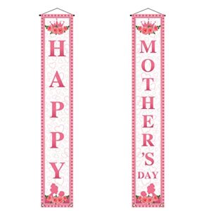 Vohado Happy Mother's Day Porch Banner Mothers Day Welcome Porch Sign Pink Heart Wall Hanging Banner Spring Gathering Party Porch Sign Front Door Holiday Party Decor