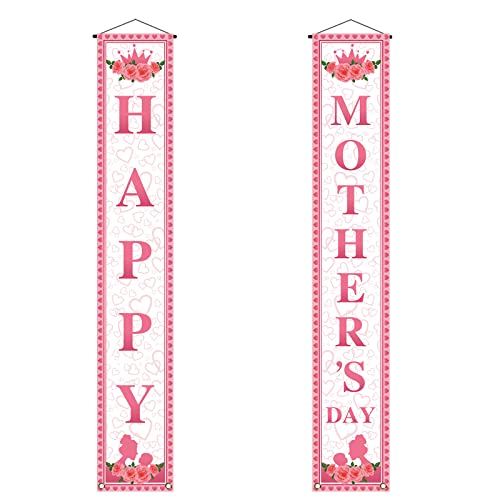 Vohado Happy Mother's Day Porch Banner Mothers Day Welcome Porch Sign Pink Heart Wall Hanging Banner Spring Gathering Party Porch Sign Front Door Holiday Party Decor